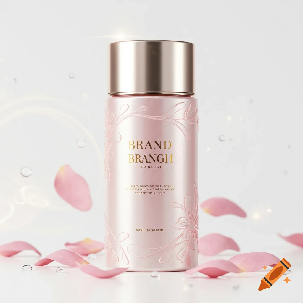 A clear glass jar of white cosmetic cream with a golden lid. The label ...