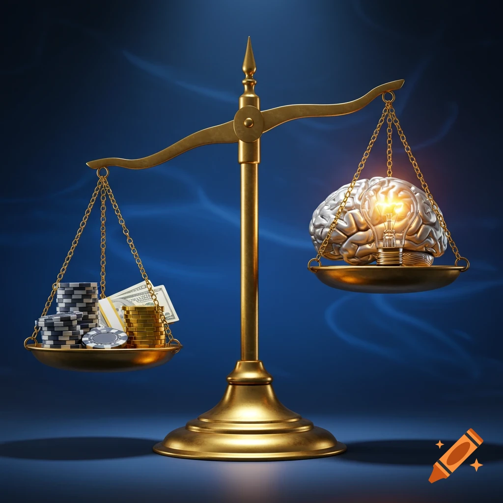 A stylized gold balance scale. One side holds stacks of money and poker ...