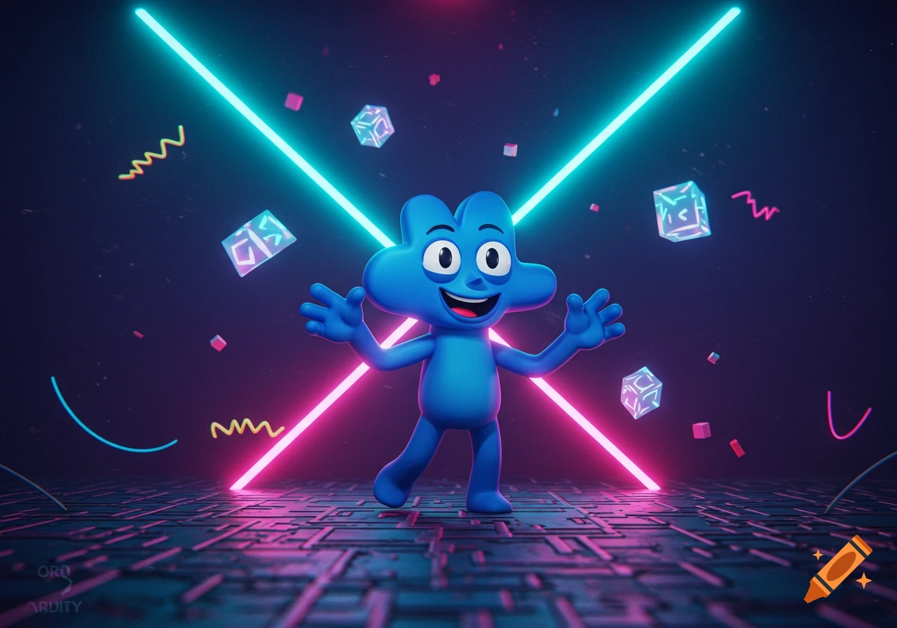 A beige, plump, stylized character stands in a blue room filled with ...