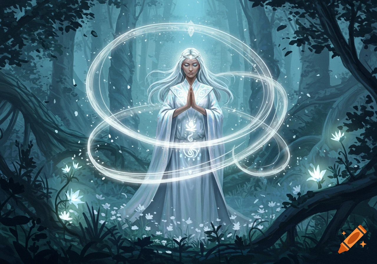 A winged elf in a blue gown stands on a glowing, rune-covered ...