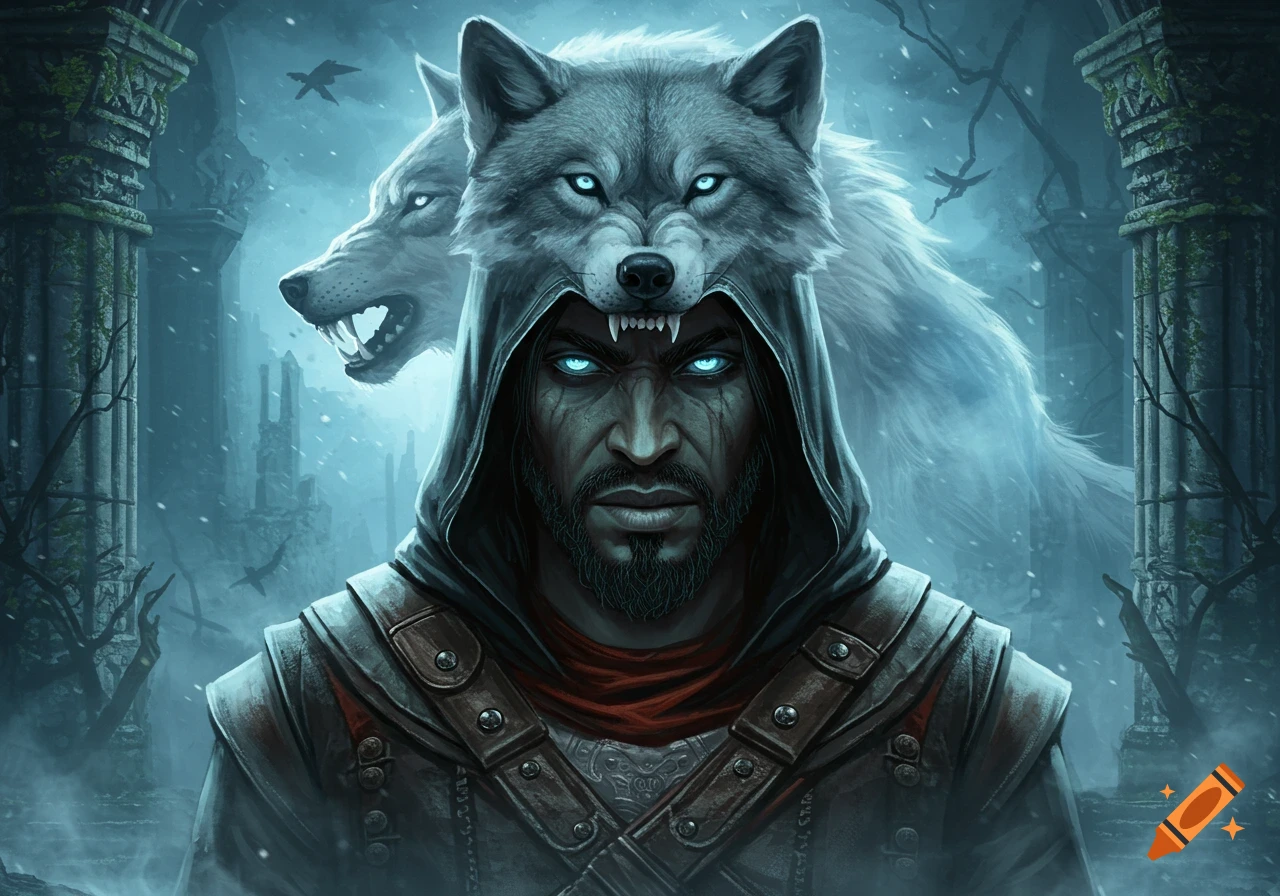 A large, armored humanoid wolf stands in a mystical, foggy forest under ...