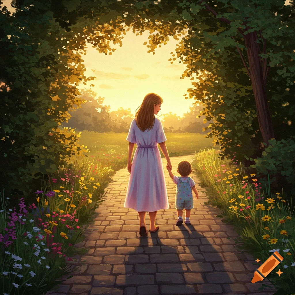 A woman and boy walk hand-in-hand on a sunny path through a green, tree ...