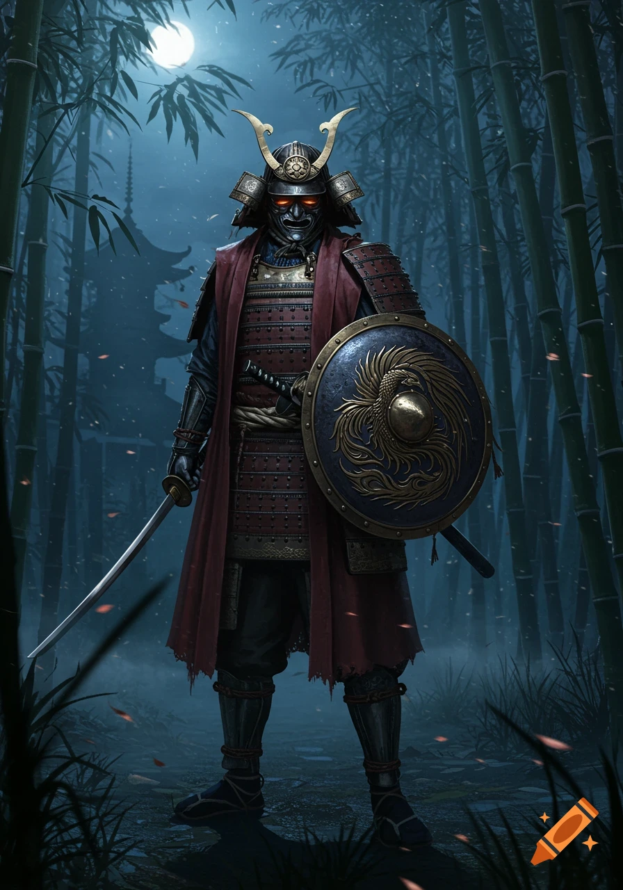 Samurais in red armor stand in a snowy Japanese landscape under a pink ...