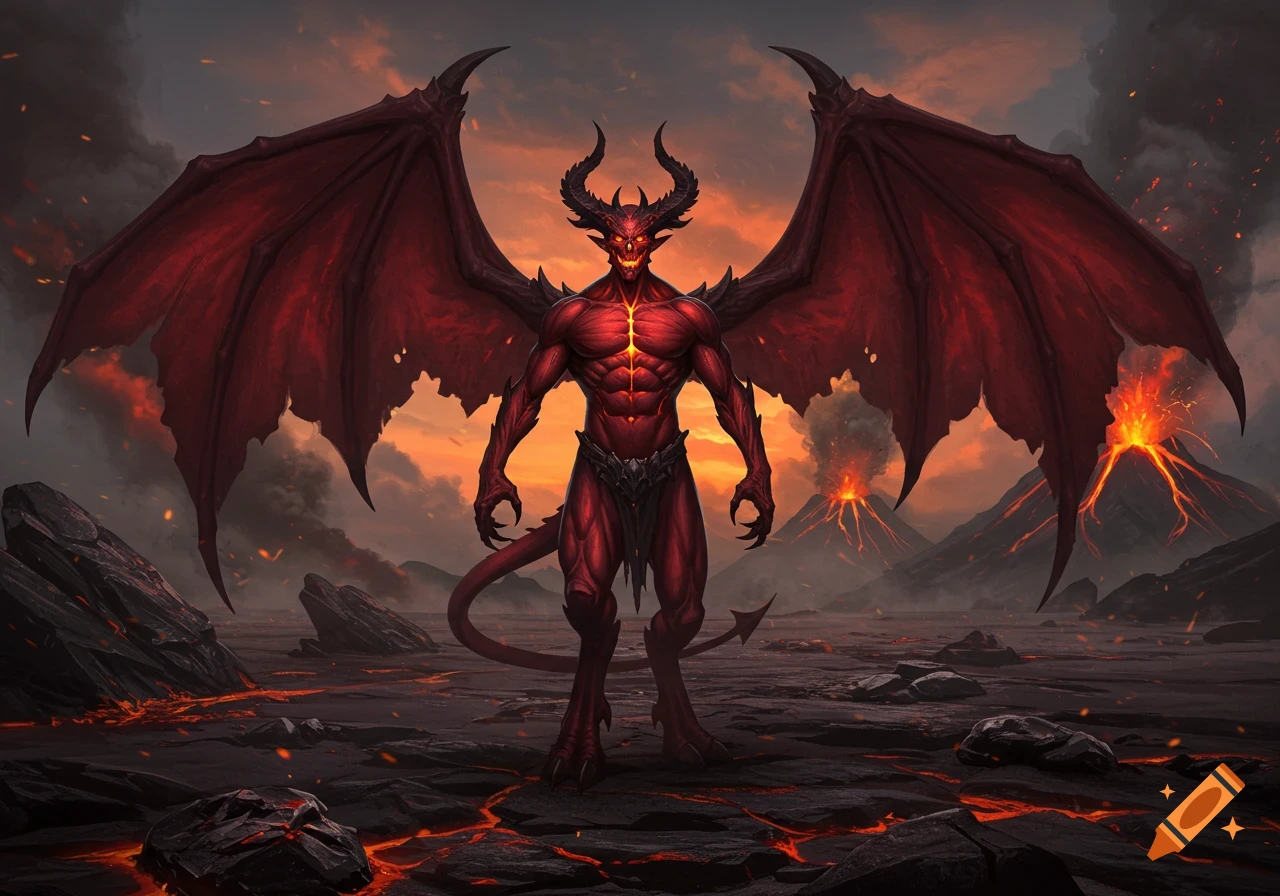 A red dragon woman with horns and scales stands on a rock in a fiery ...