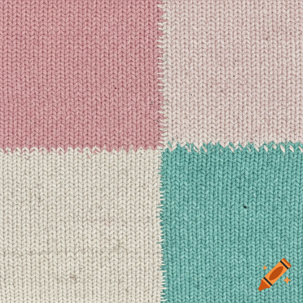 Close-up of a knitted fabric texture with four color blocks: pink ...