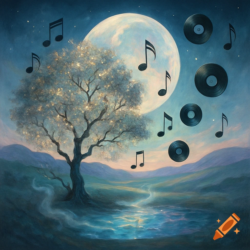 A mystical, glowing landscape with golden musical notes floating in a ...