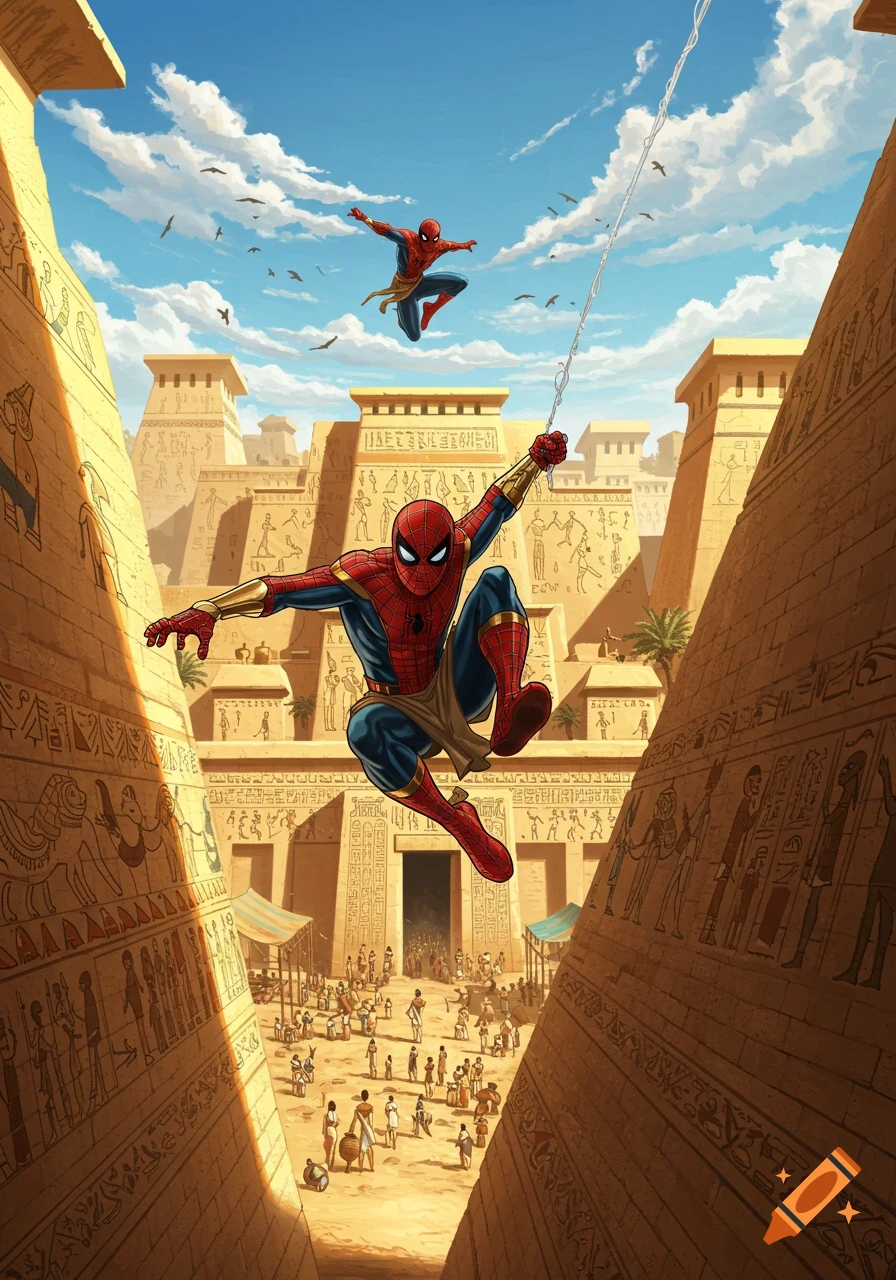 Spider-Man swings through an ancient Egyptian city with a second Spider ...
