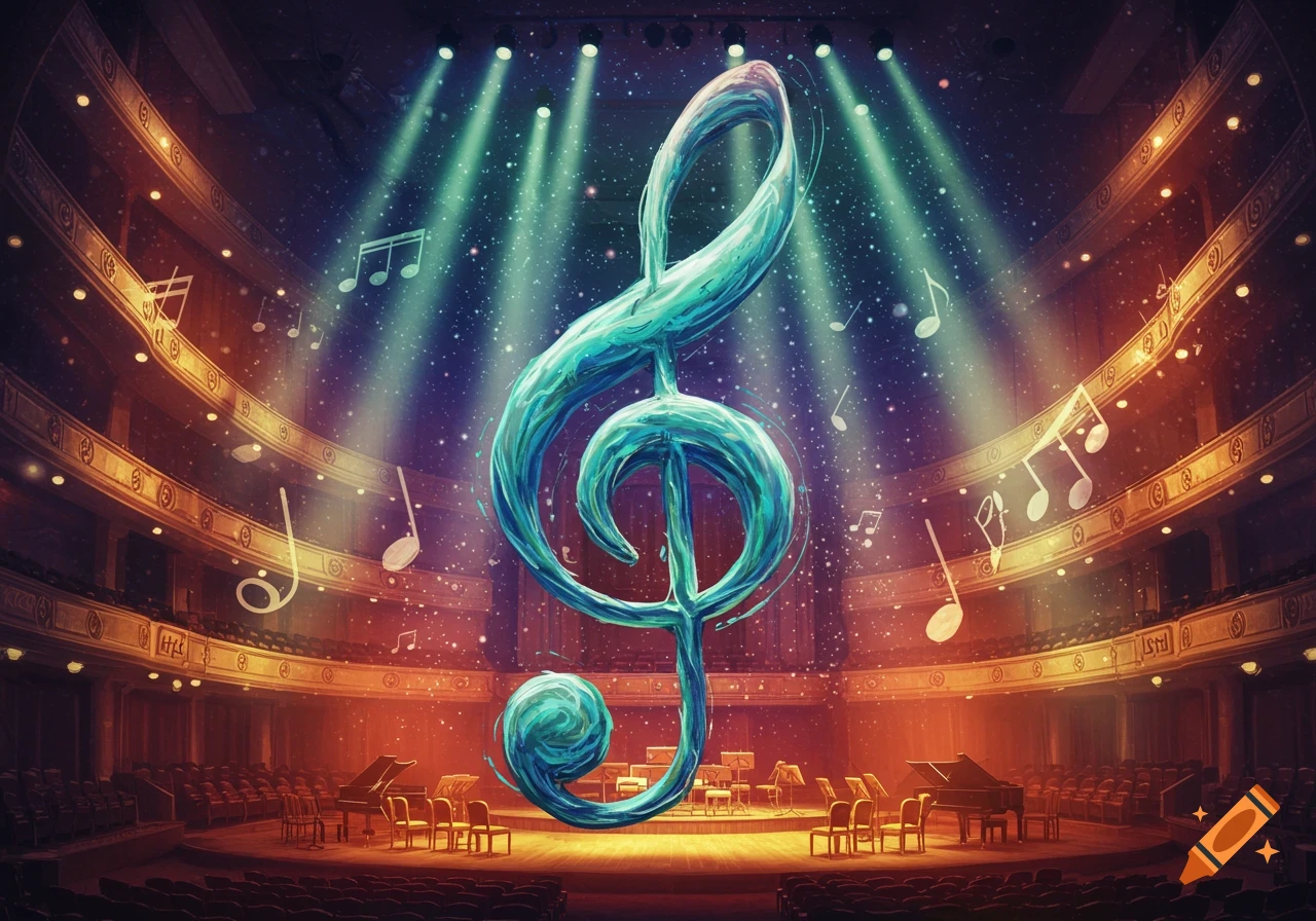 A basketball floats above a grand piano on a spotlight-lit stage with ...