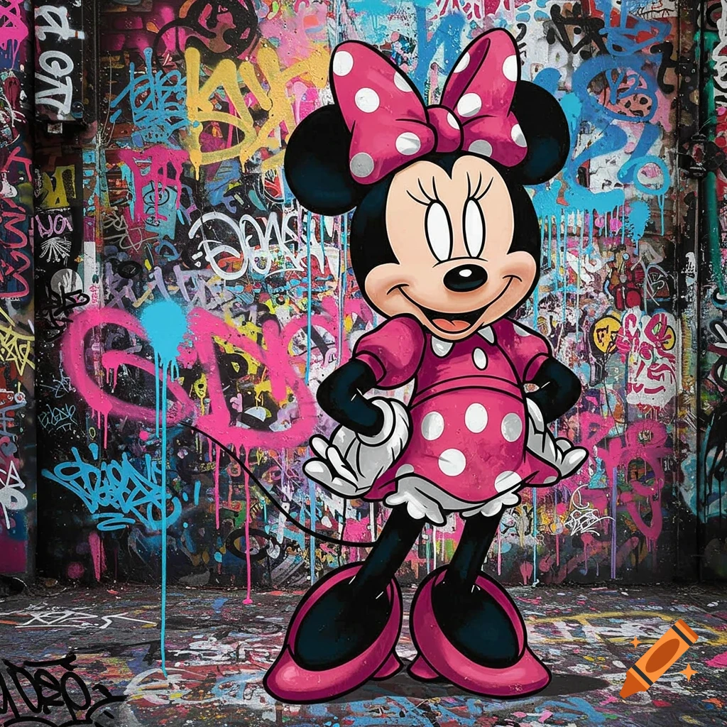 Minnie Mouse in a pink polka dot dress and bow stands against a vibrant ...