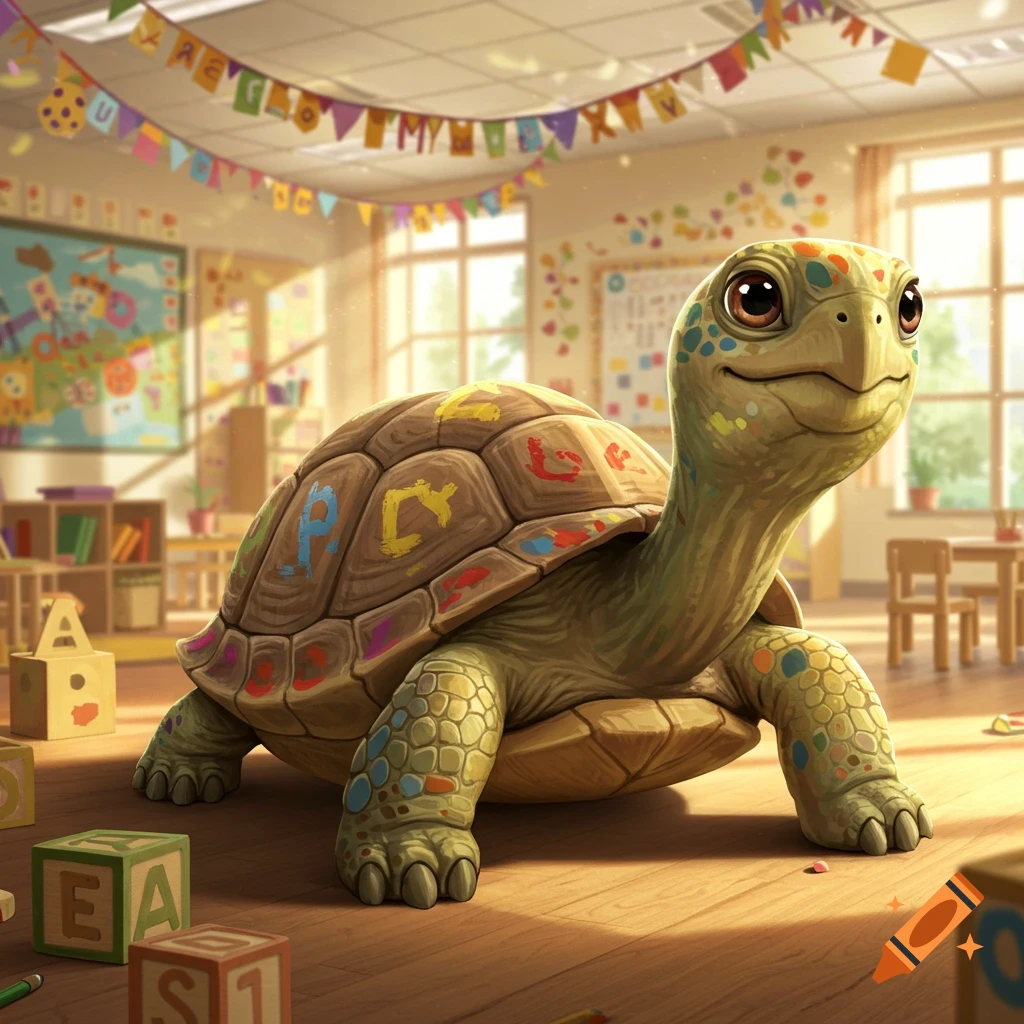 A friendly, colorful turtle with letters on its shell stands on the ...