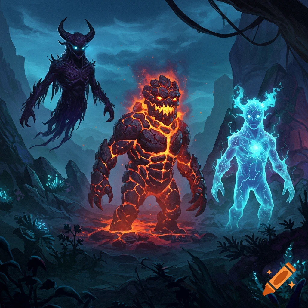 Three fantasy monsters: a shadowy horned demon, a fiery lava golem, and ...