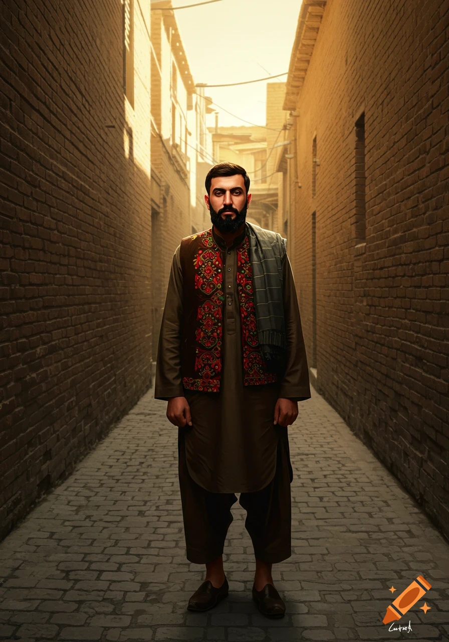 A bearded Afghan man in traditional embroidered clothing stands in a ...
