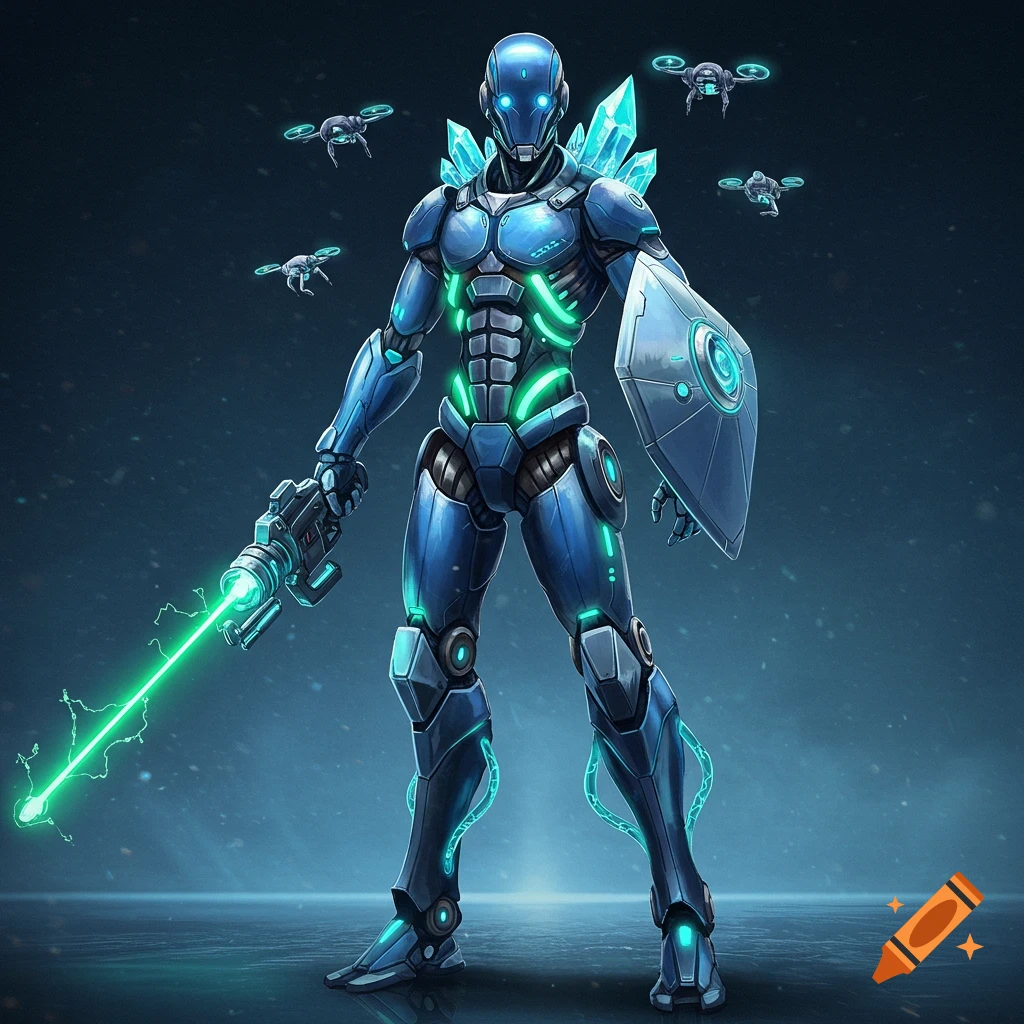 A grey-skinned woman in dark futuristic armor with glowing red eyes ...