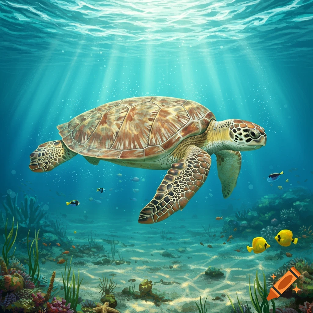 A large sea turtle swims gracefully underwater with sun rays shining ...