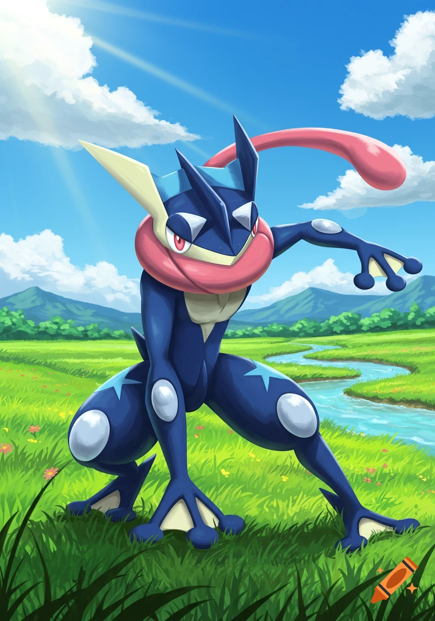 Greninja, a blue ninja-like frog Pokémon, stands in a vibrant green ...