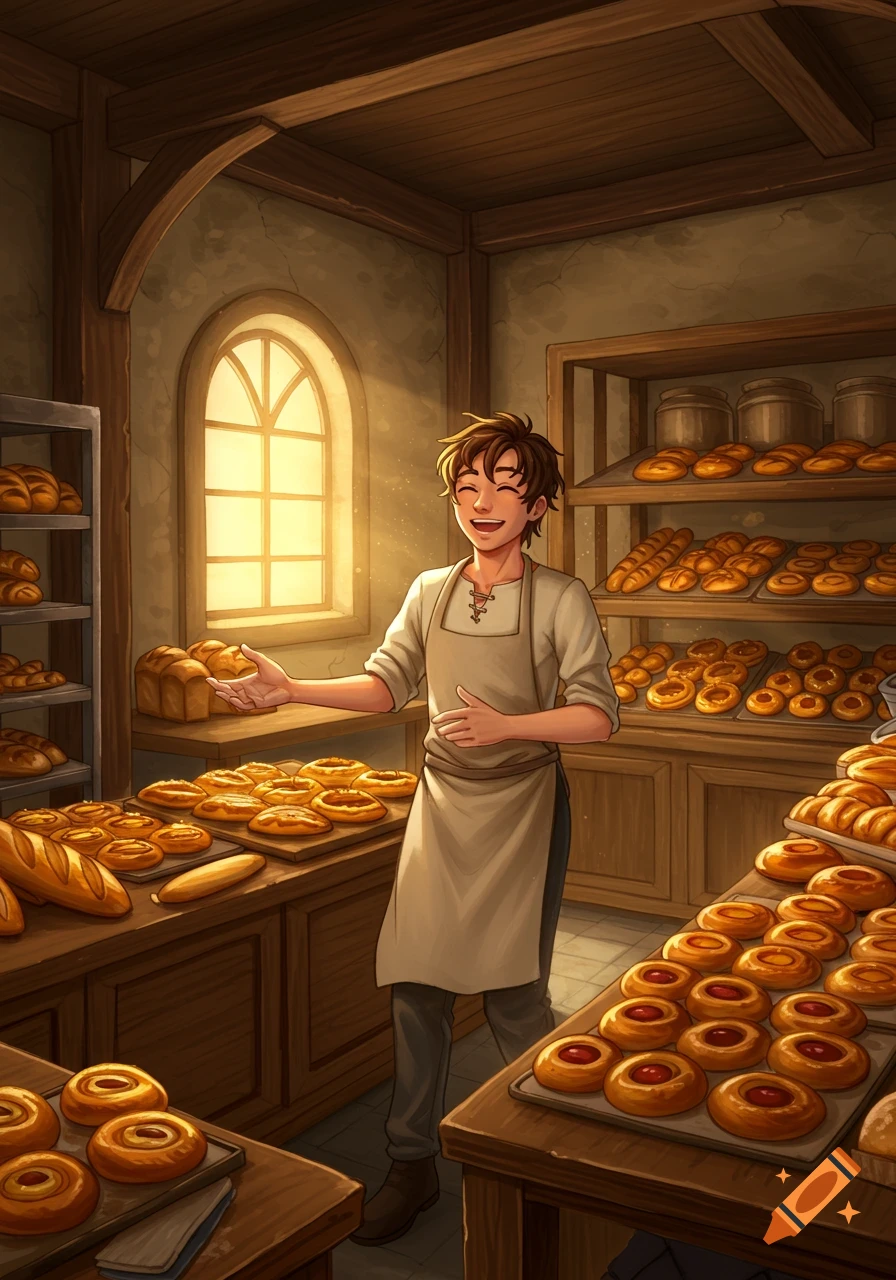 A friendly pink furry baker in a chef's hat and apron stands in a ...