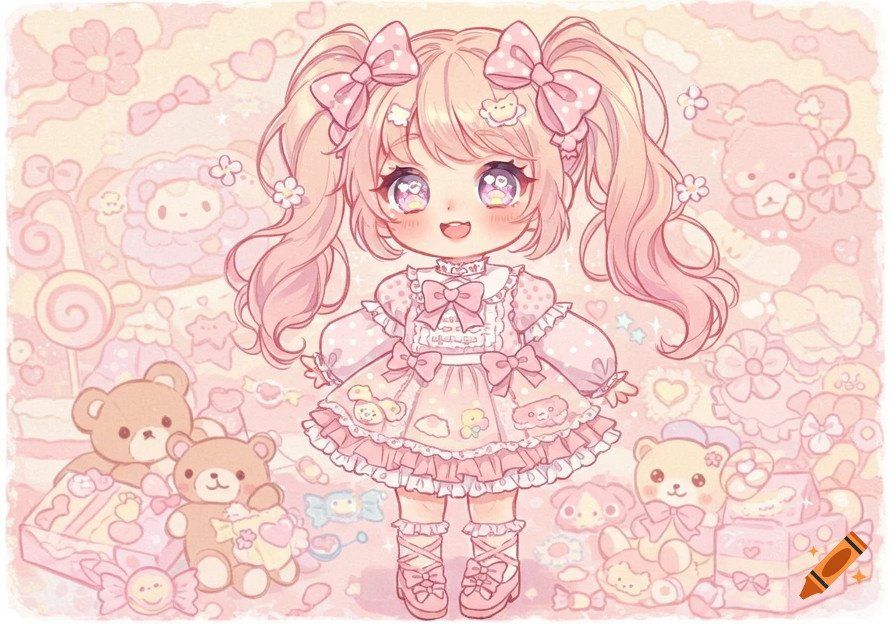 A cutesy chibi anime girl with pink pigtails and a frilly pink dress ...