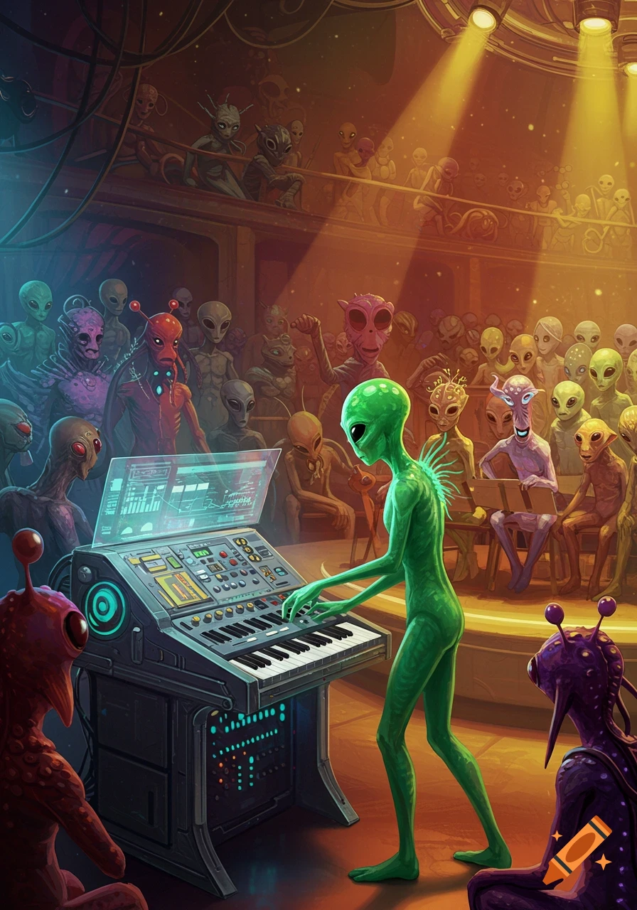 A green alien plays a futuristic synthesizer keyboard on stage ...