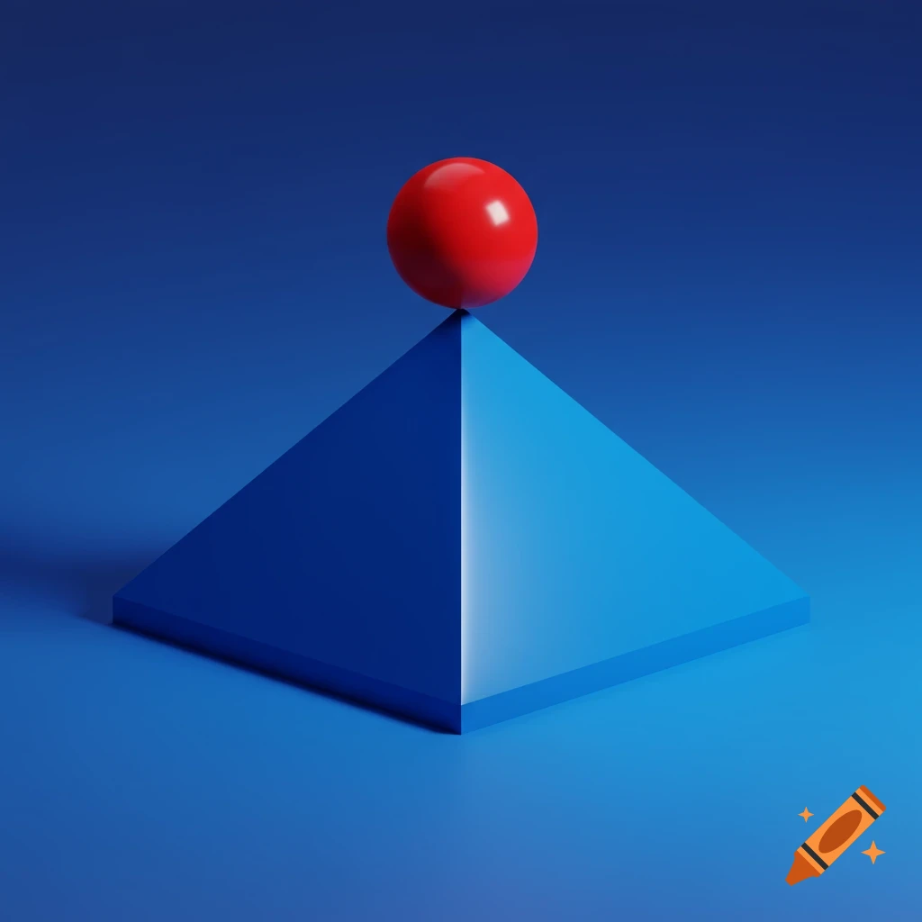 A red sphere, yellow pyramid, and green cylinder sit atop a large blue ...