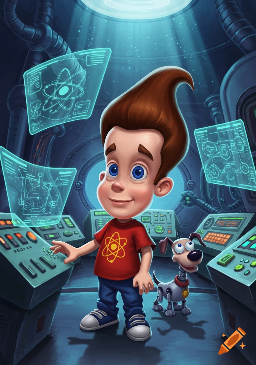 A stylized cartoon boy, resembling Jimmy Neutron, smiles while ...