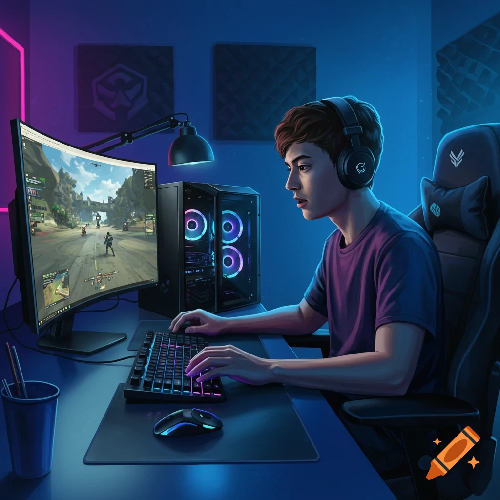 Digital painting of a boy playing a computer game in his bedroom with a ...