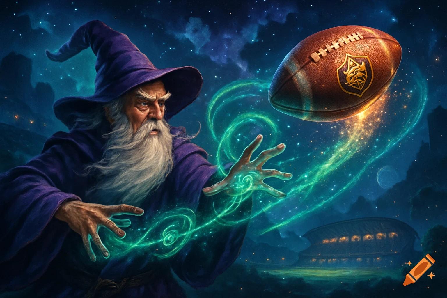 A cartoon Gandalf-like wizard in an 80s track suit and blue jeans sits ...