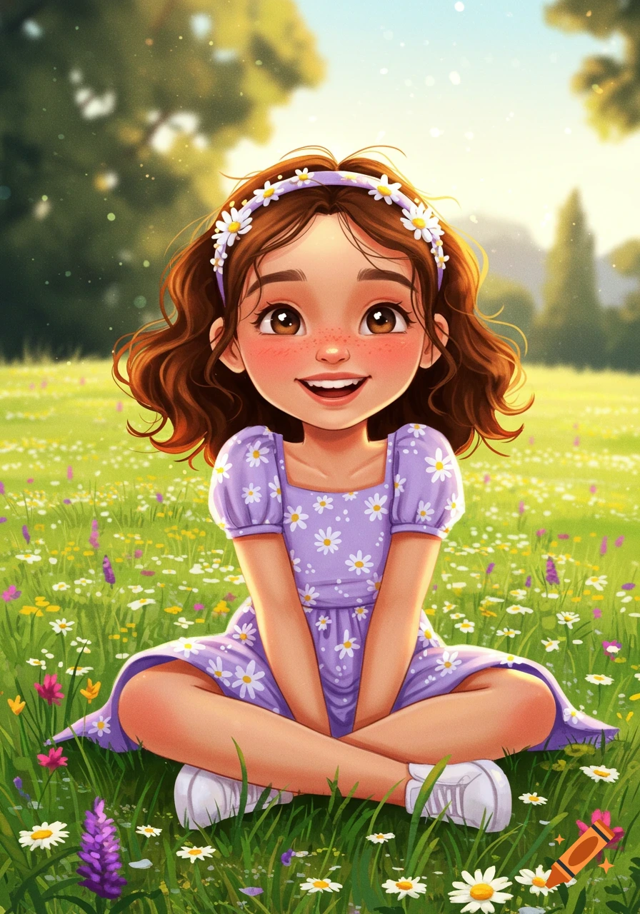 A cute, cheerful cartoon girl with brown hair and a daisy headband sits ...