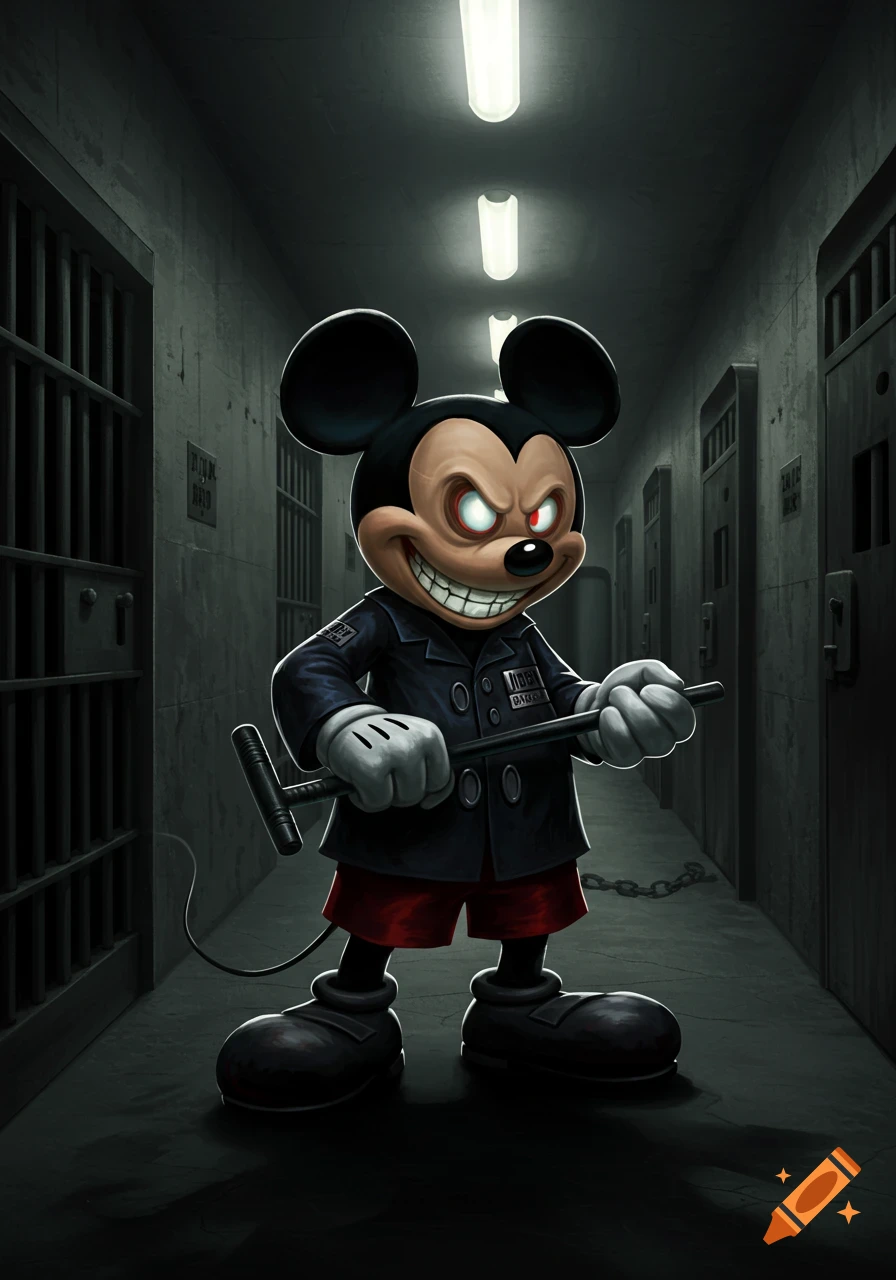 Black and white rubber hose Mickey Mouse walks sadly down a cobblestone street with buildings ...