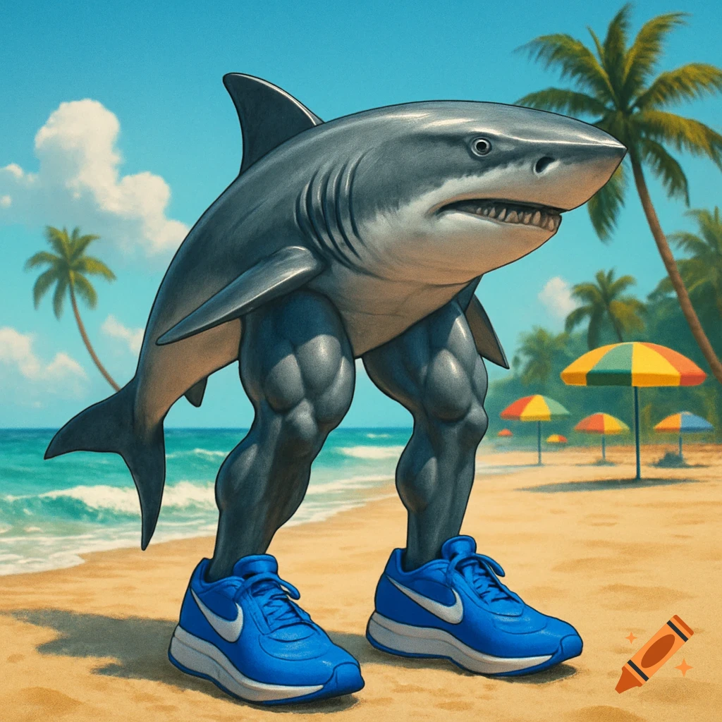 An anthropomorphic, muscular hammerhead shark in a bar, focused on ...