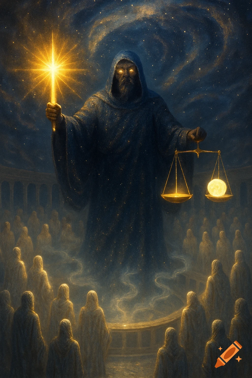 A bearded prophet-like man stands on a cliff, looking up at a stormy ...