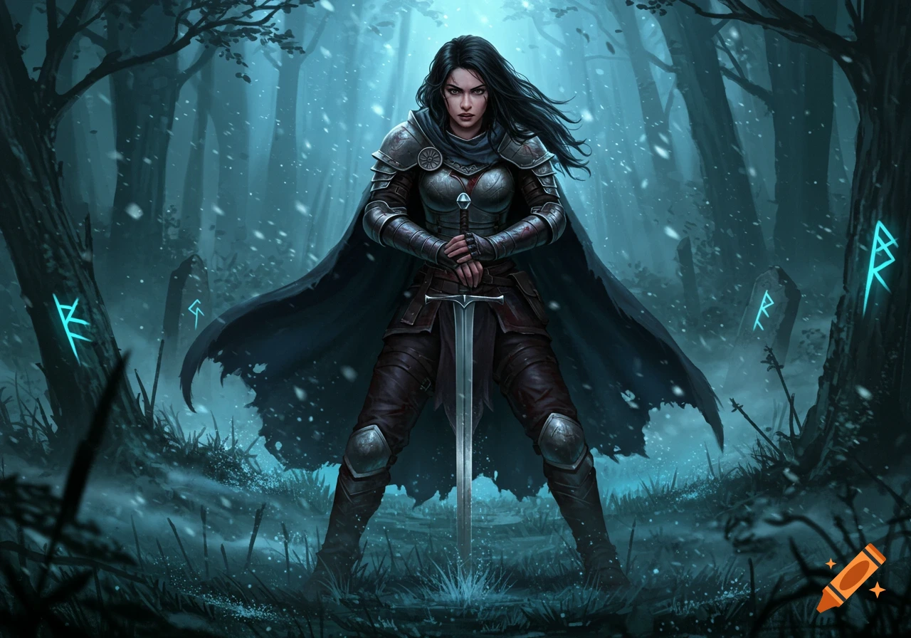 A female warrior in ornate armor stands in a snowy, dark forest, hands ...