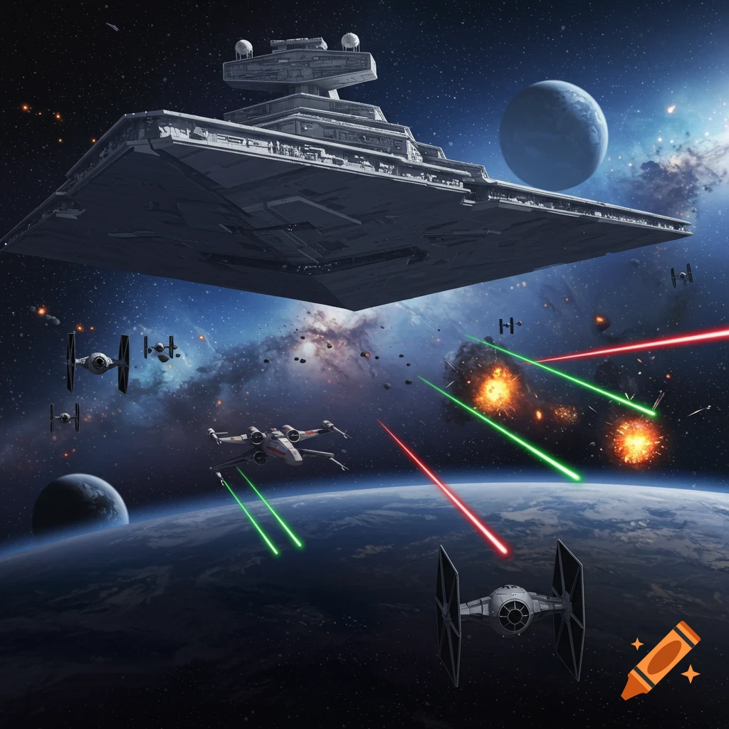 Star Wars scene with two Star Destroyers in a laser battle on Craiyon
