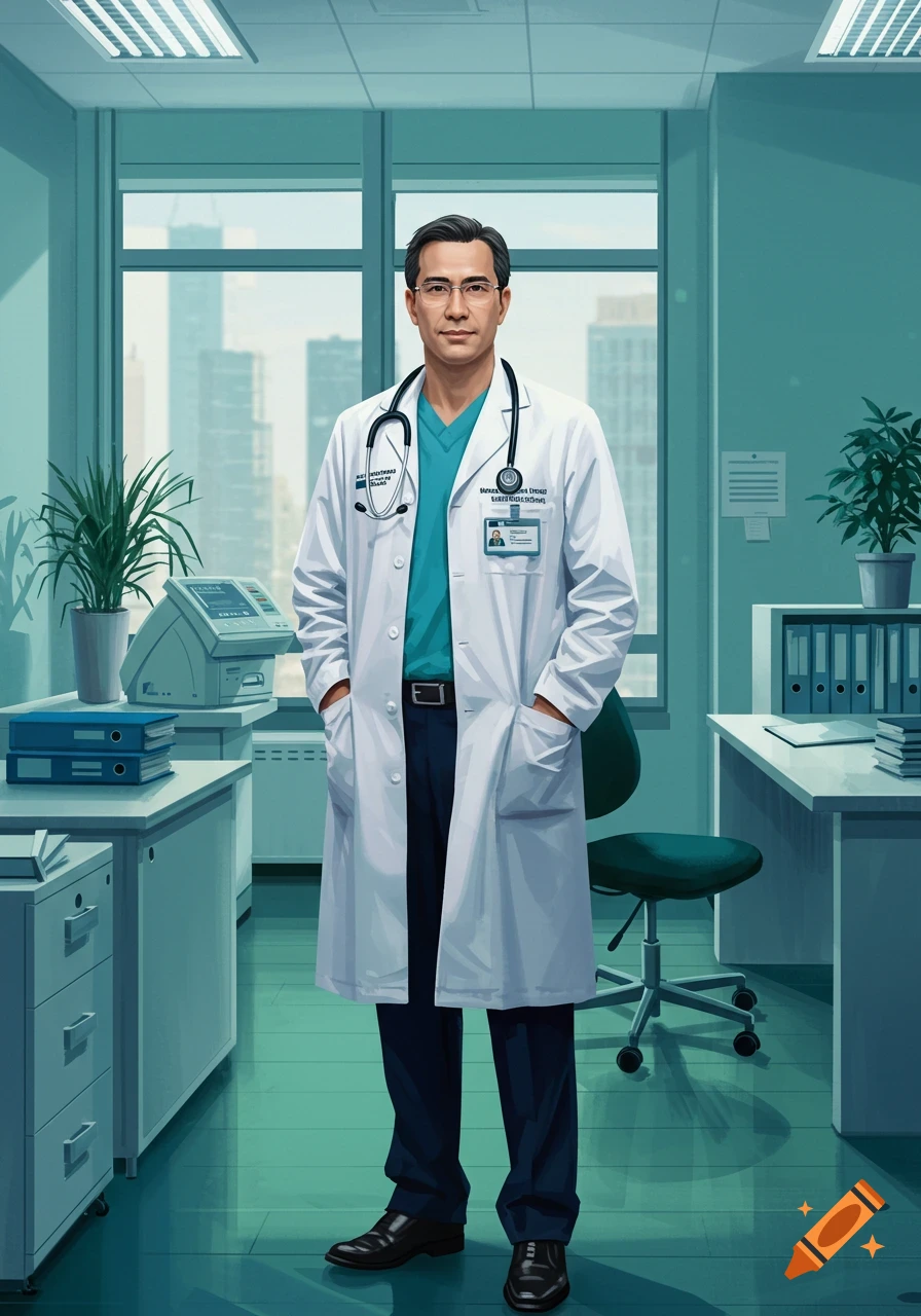 An animated male doctor in a white lab coat and blue scrubs smiles in a ...