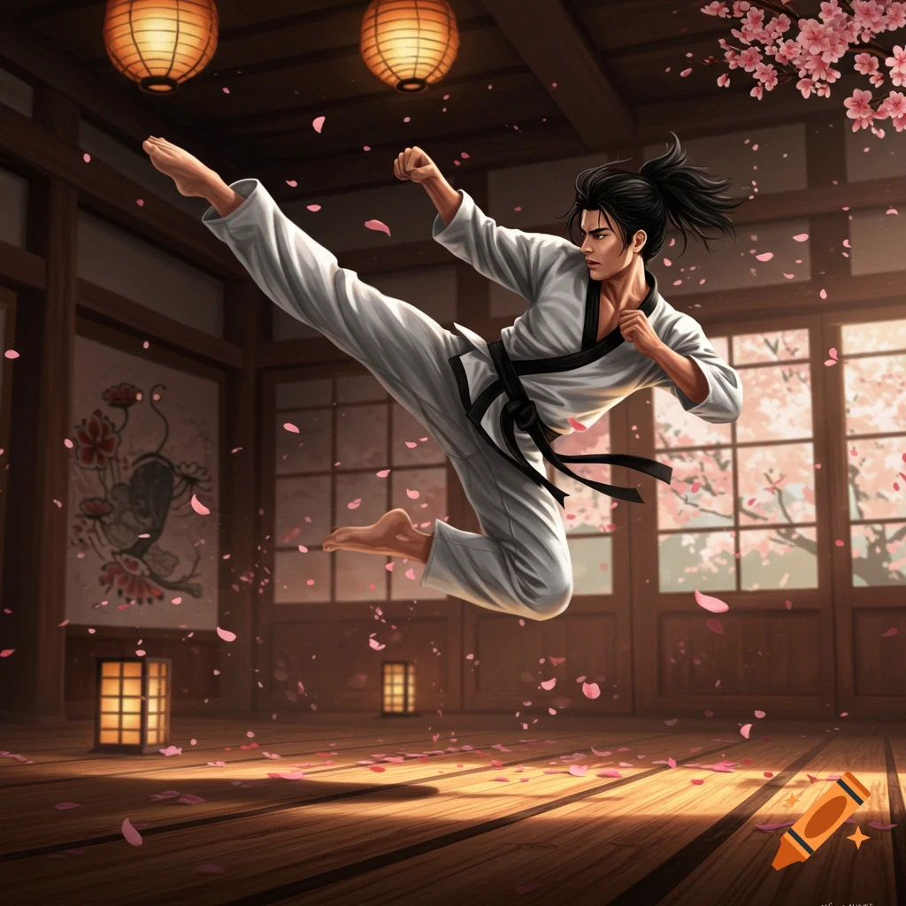 Anime style illustration of a panda in a white karate gi performing a ...