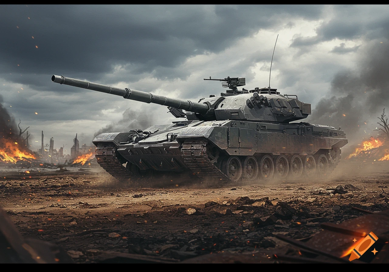 A highly detailed, dark grey military tank with multiple large barrels ...