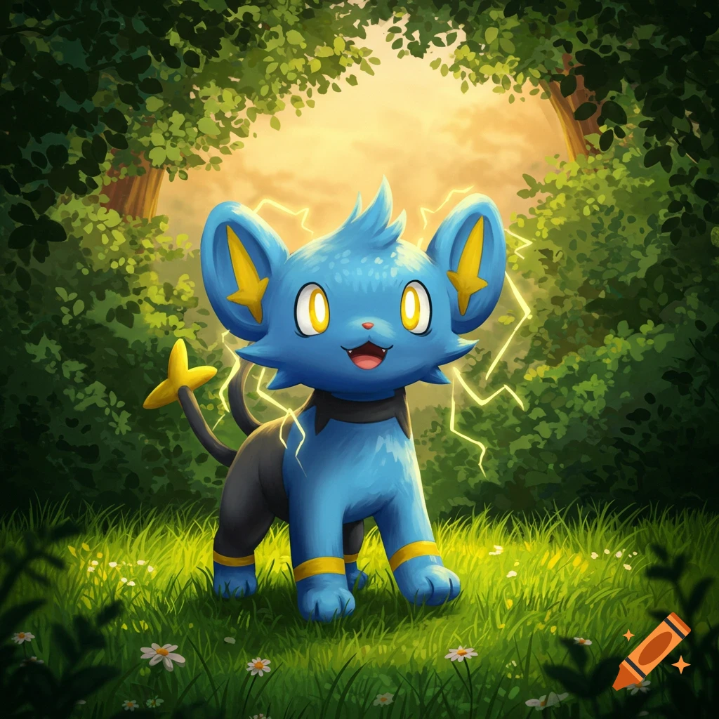 A blue, cat-like Pokémon with yellow eyes, surrounded by bright blue ...