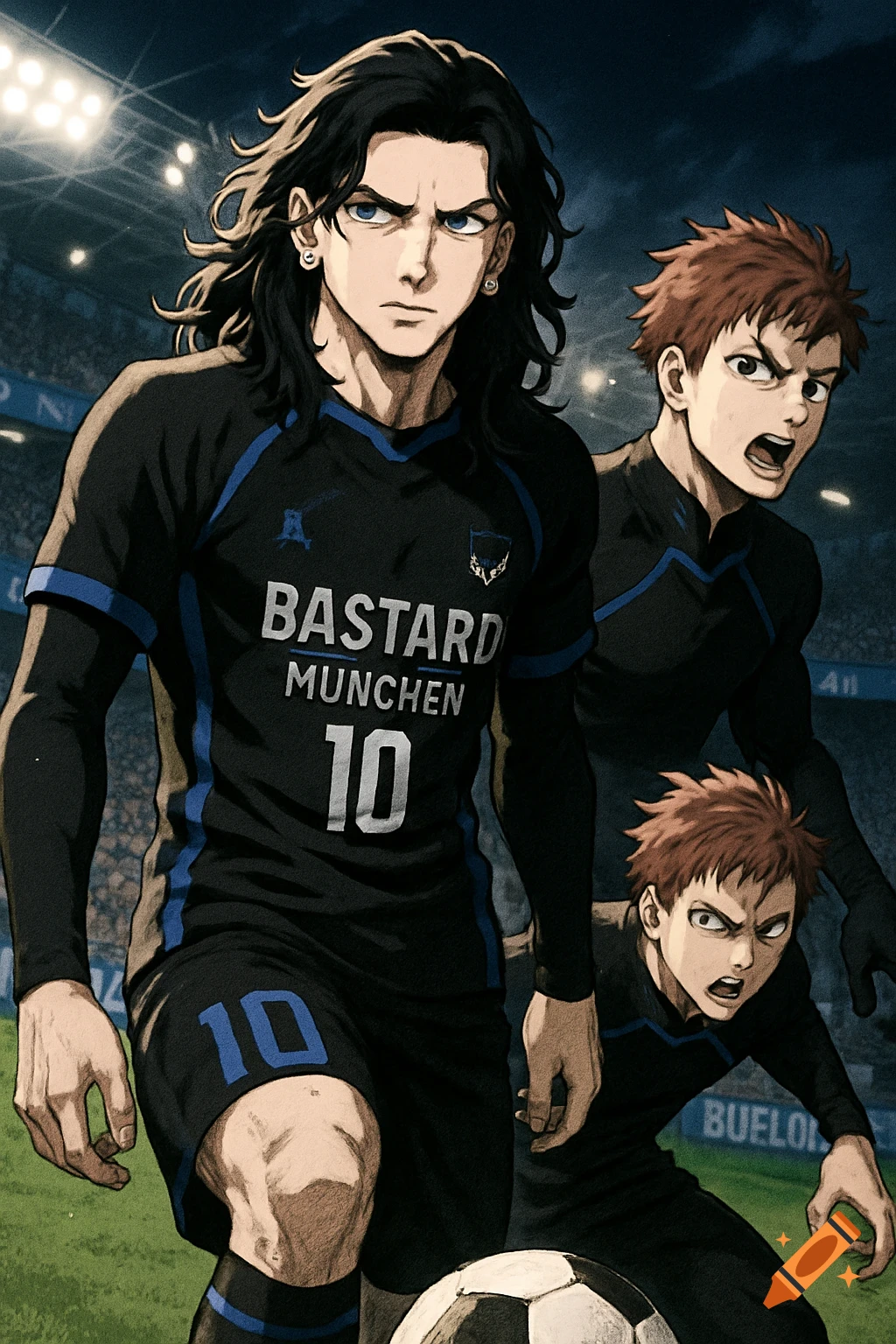 An anime character with spiky blue hair in a black and blue soccer ...