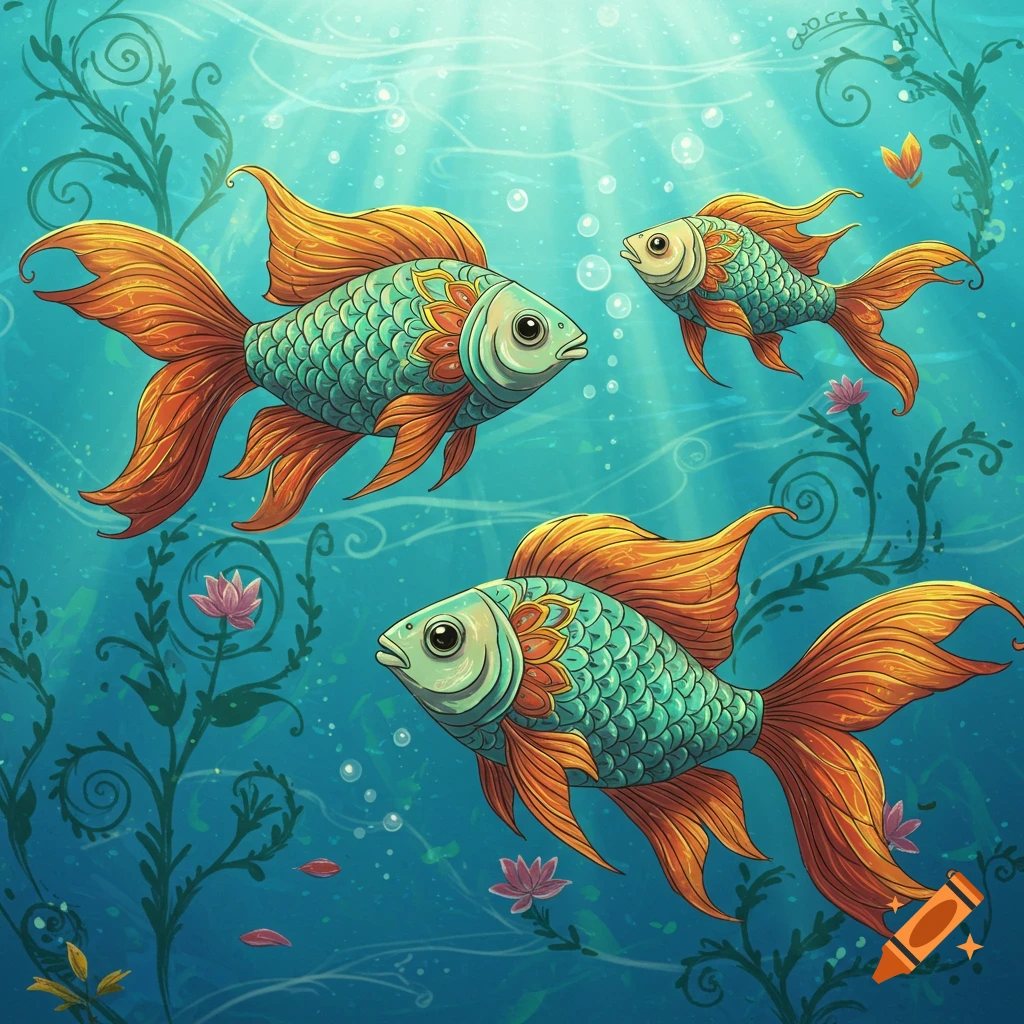 Detailed 2D drawing of an underwater scene with lush green seaweed ...