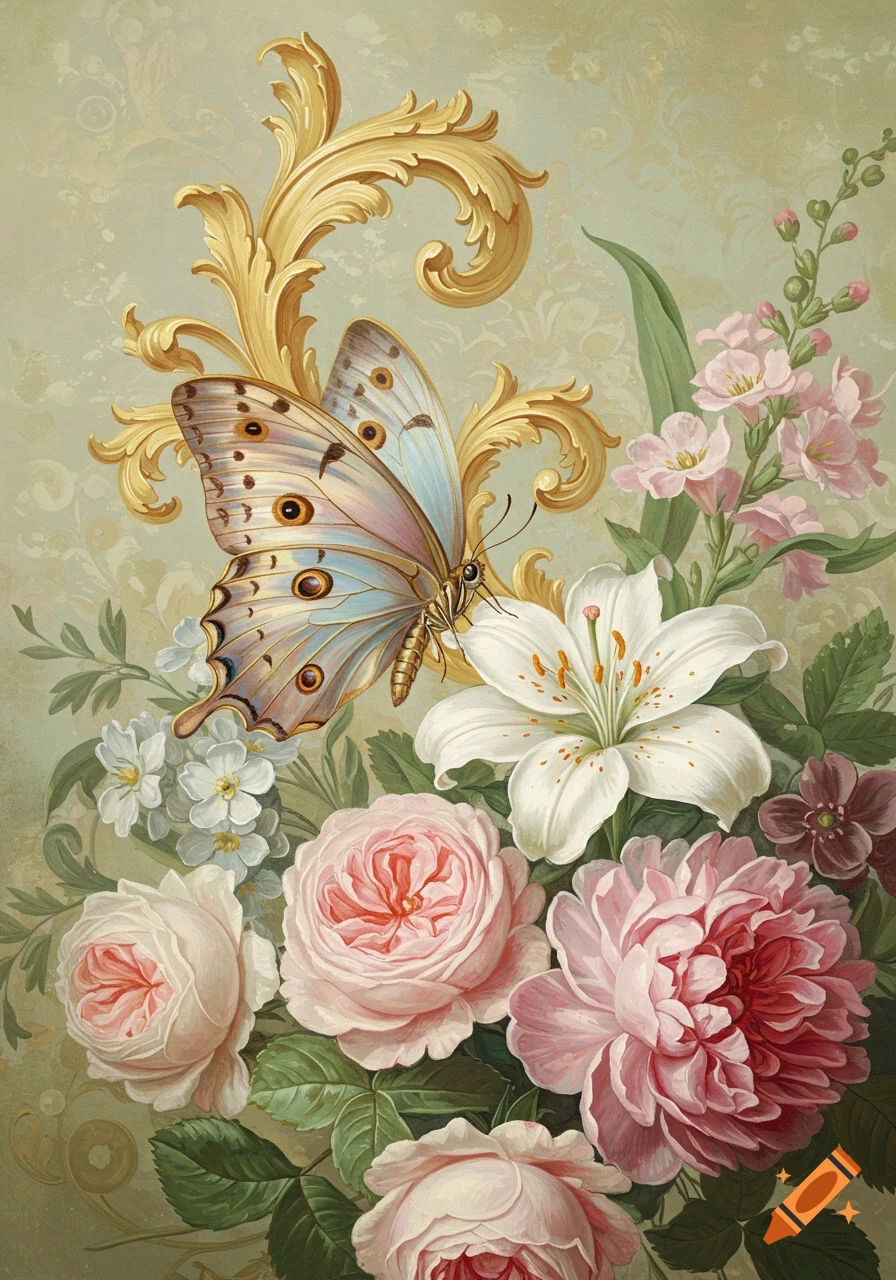 A rococo painting of a blue and brown butterfly on white lilies and ...