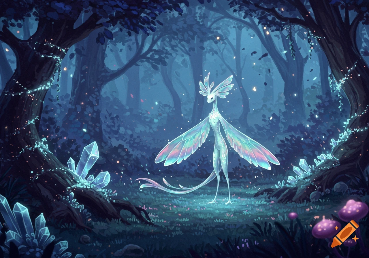 A glowing, iridescent humanoid figure plays a clarinet in a magical ...