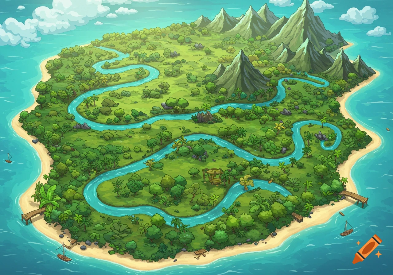 Top-down map of a lush green tropical island with winding paths and ...