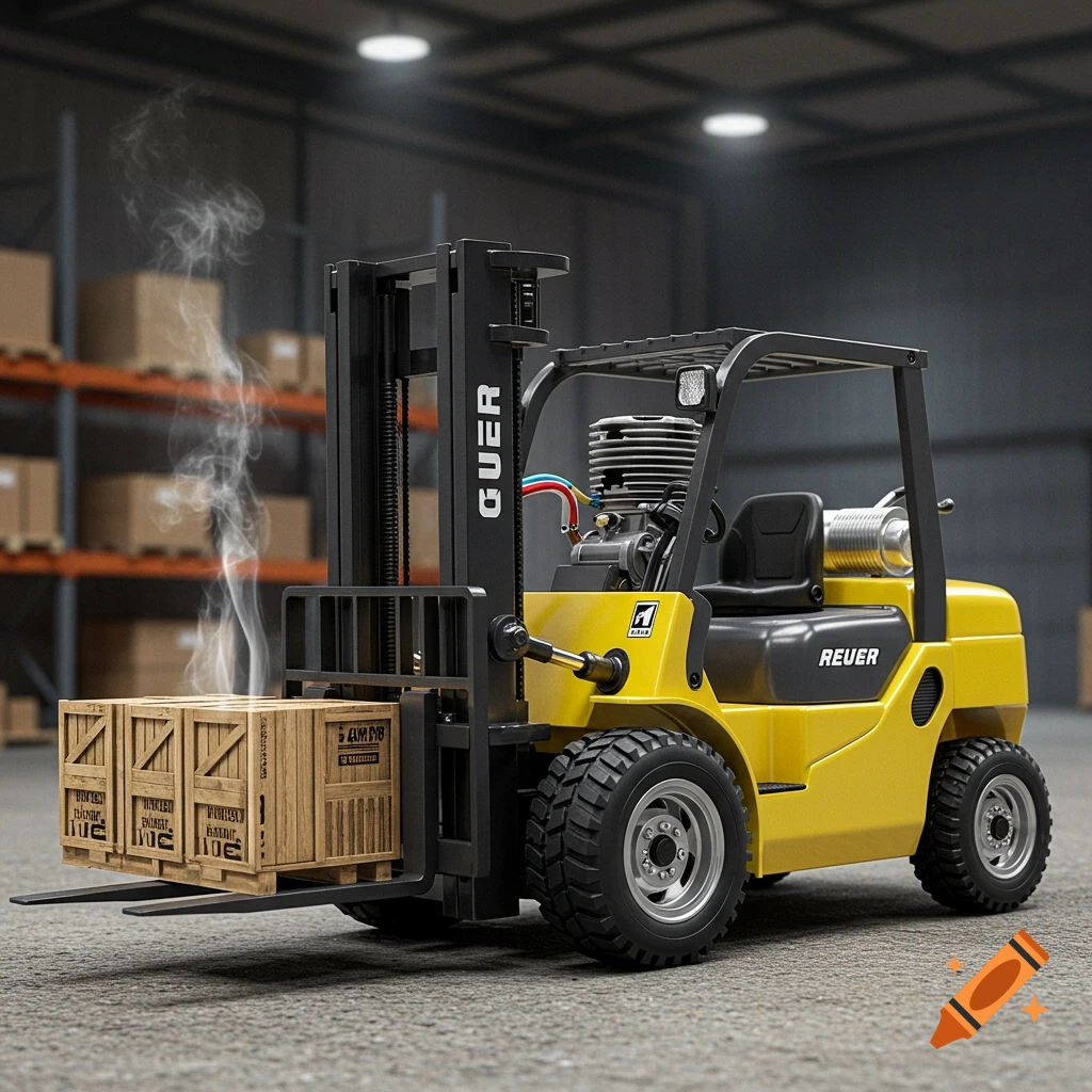 Black and white technical drawing of a forklift carrying a large cable ...