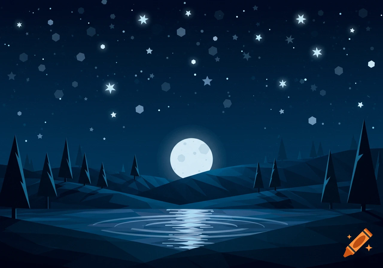 A stylized night landscape with a large full moon, silhouetted pine ...