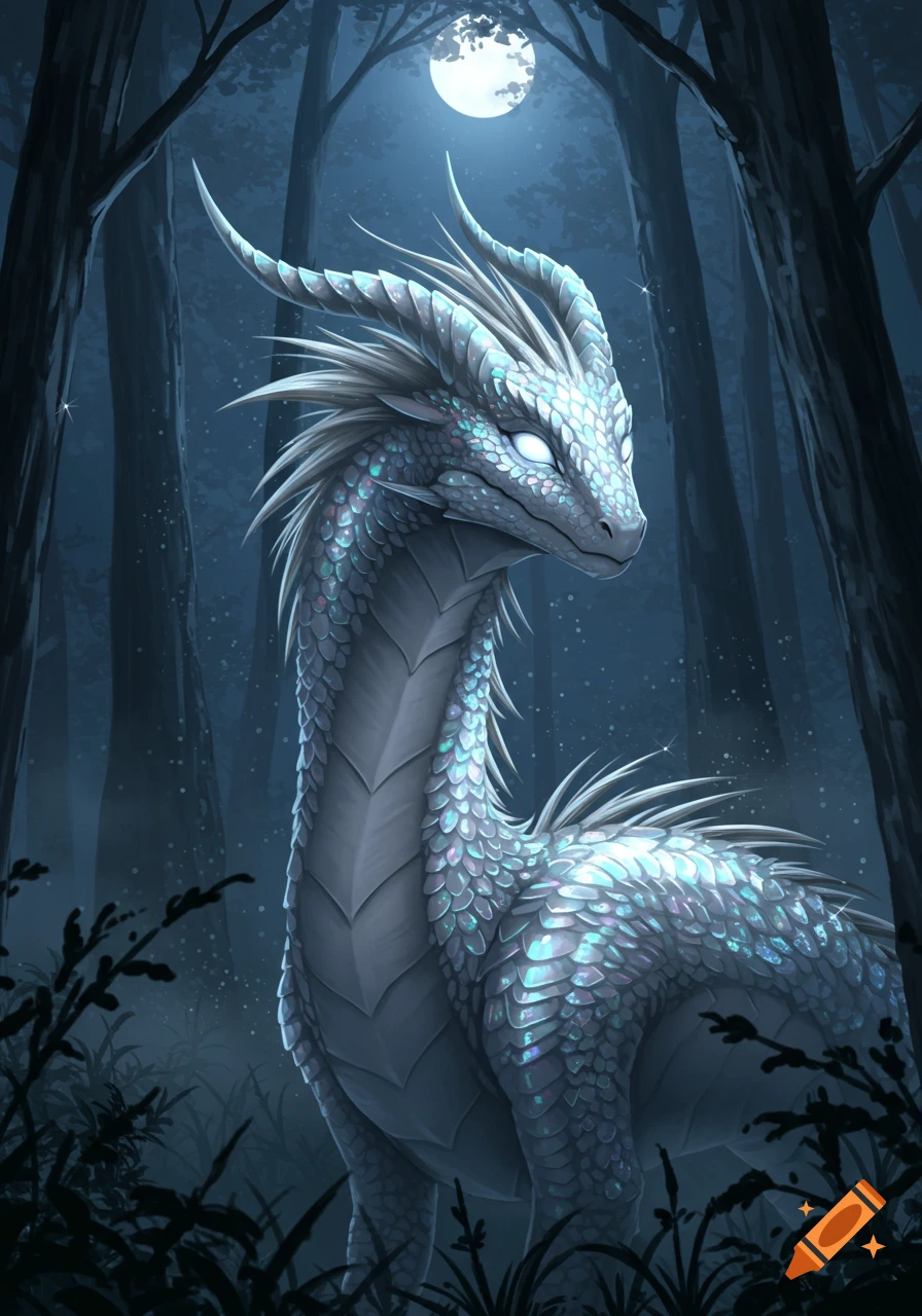 Two dark-scaled dragons embrace in a moonlit forest with fireflies, one ...