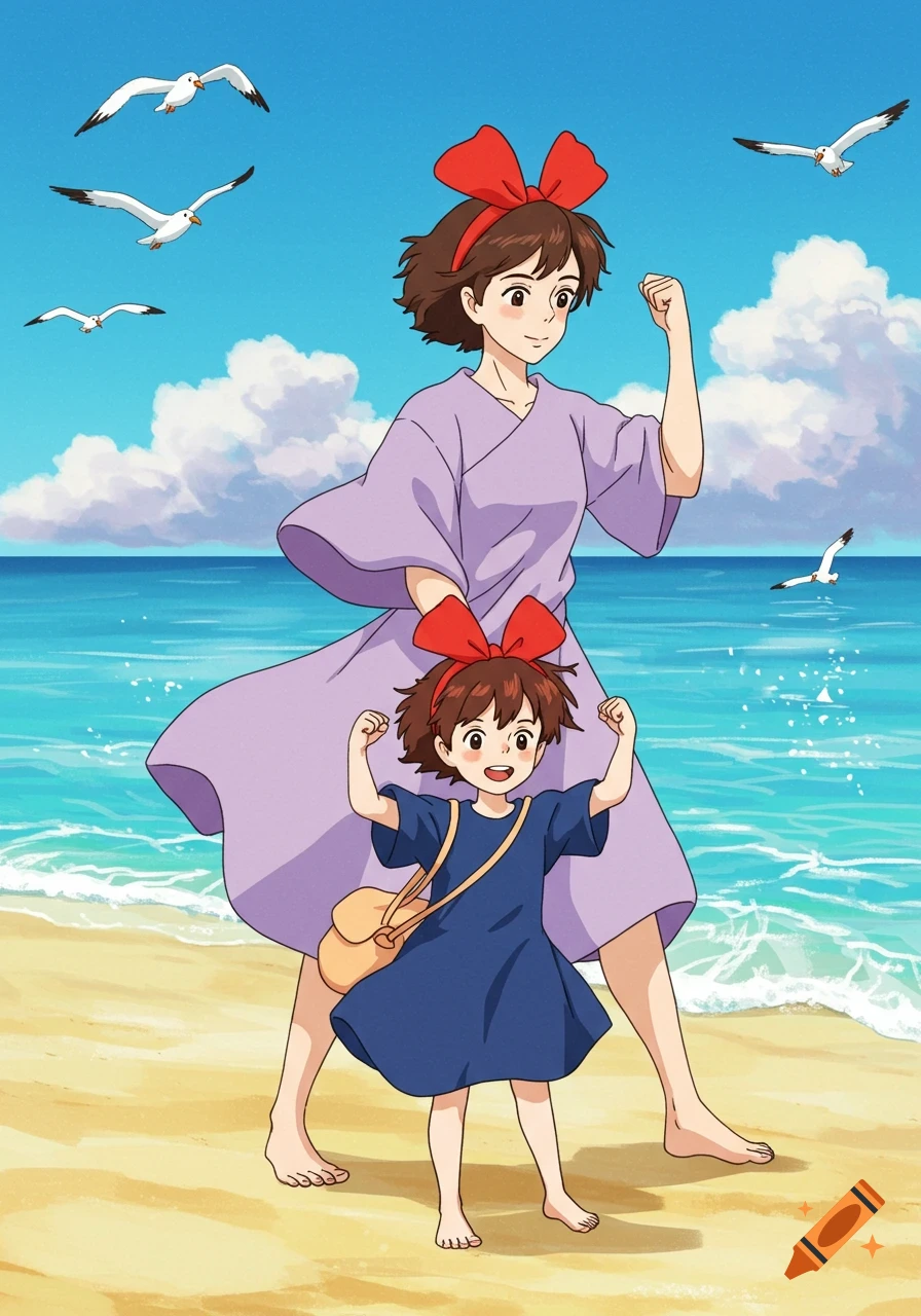 An anime woman and a child, dressed in simple robes, flex their arms on ...