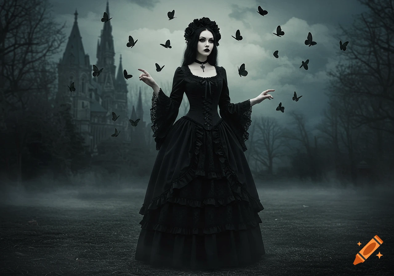 A man in a black cape and a woman in a red and white dress stand in a ...