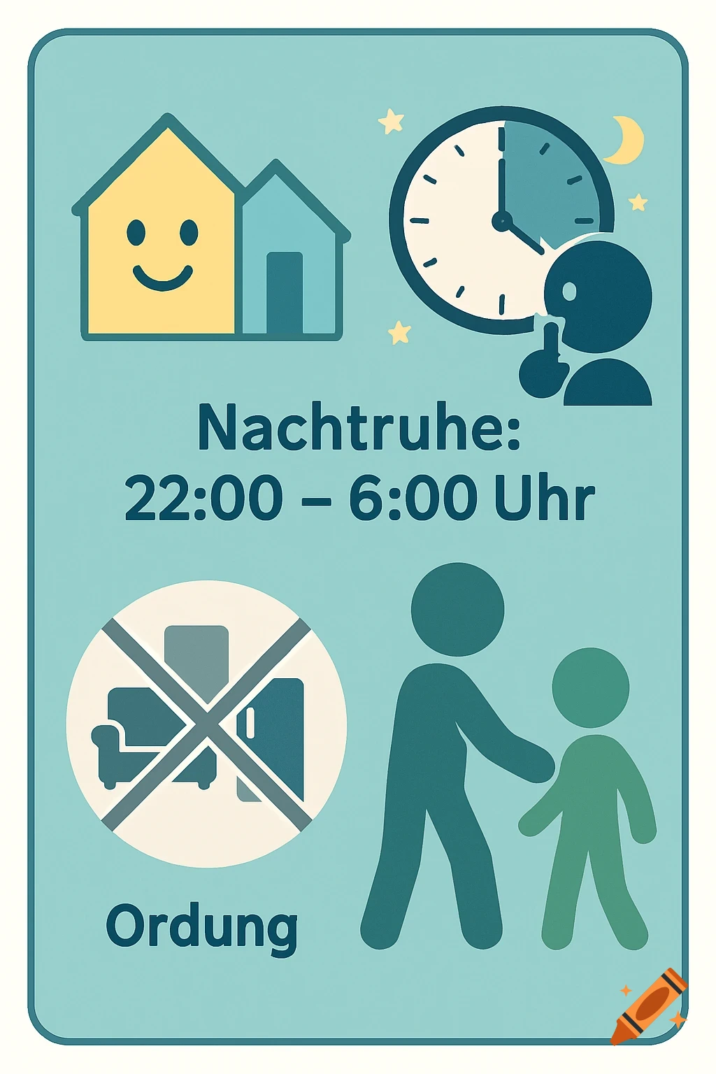 A colorful cartoon warning sign features a friendly black and white ...