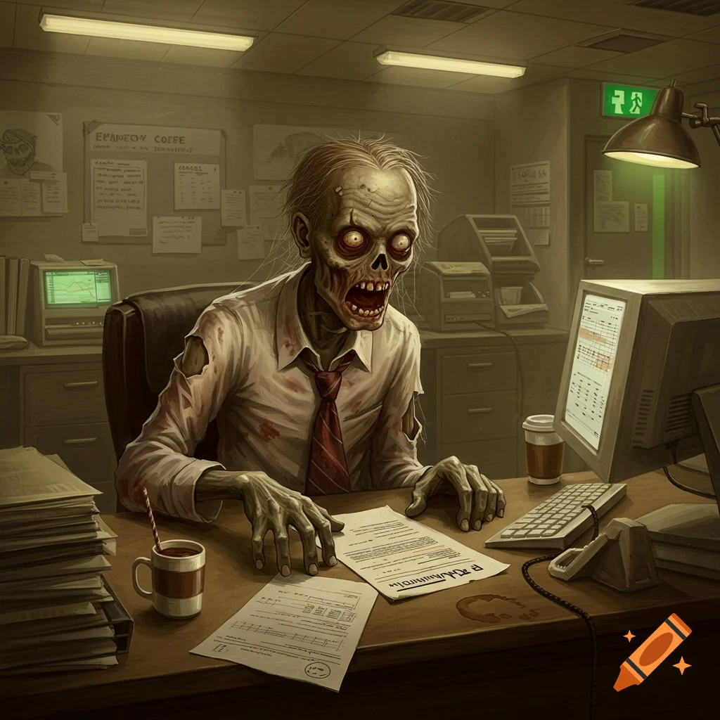 An evil, red-eyed tax paper monster with spindly limbs holds a pen ...