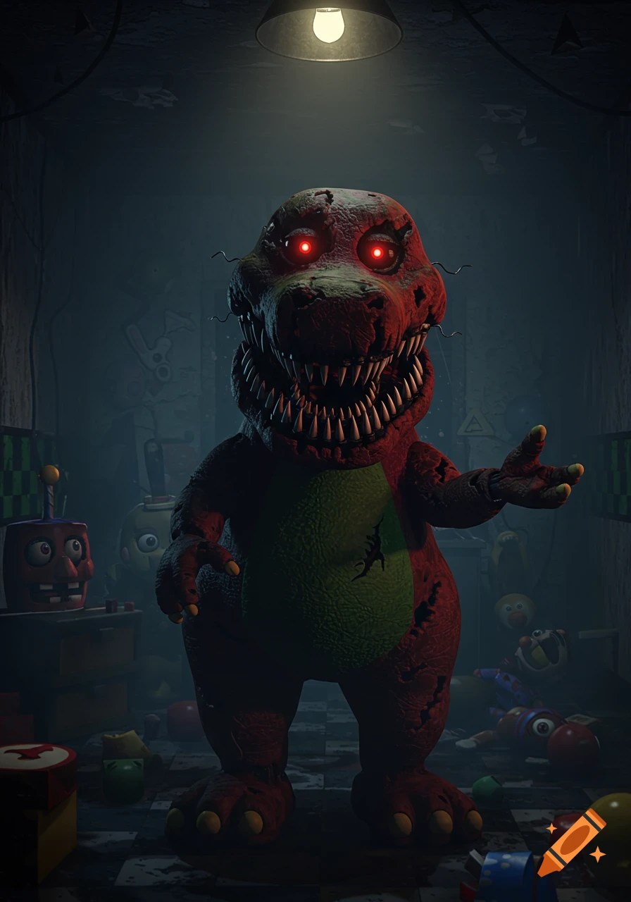 A rusty Freddy Fazbear animatronic with glowing red eyes stands in a ...