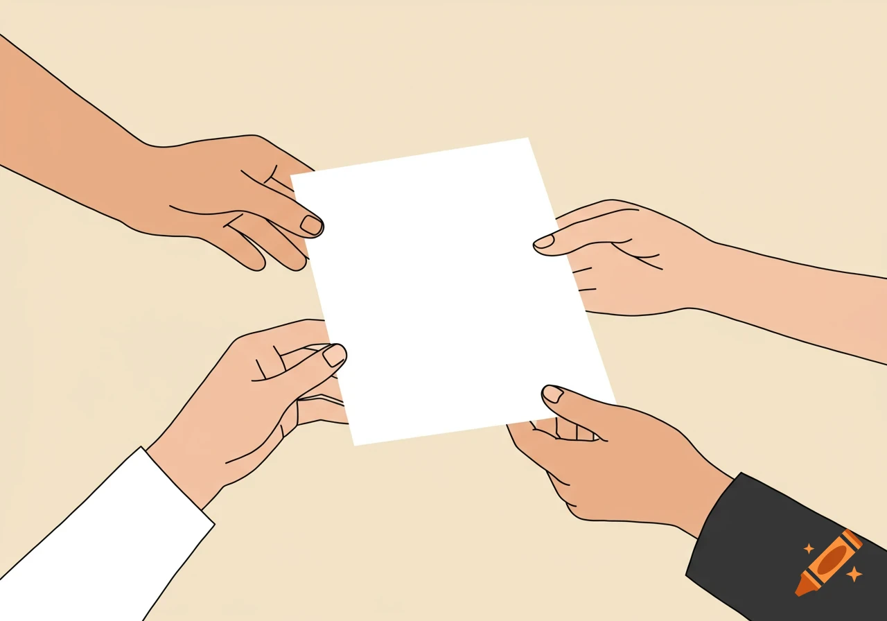 Two cartoon hands hold several small cards with abstract lines against ...